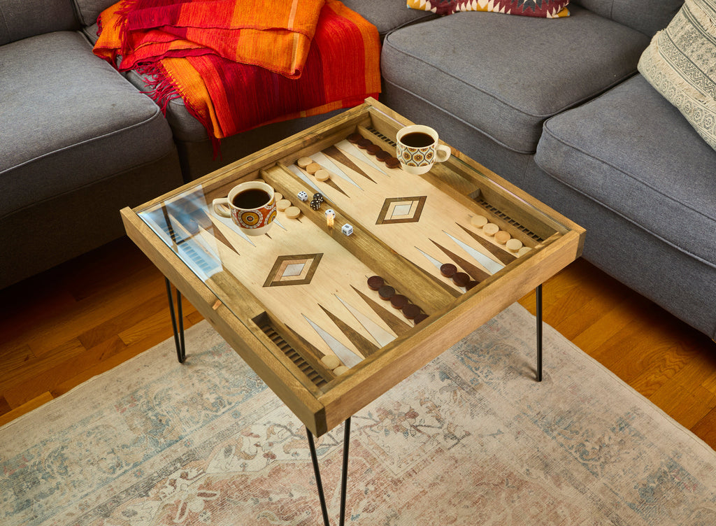 Rustic Backgammon Coffee Table with removable glass top - 25x25" – Historia